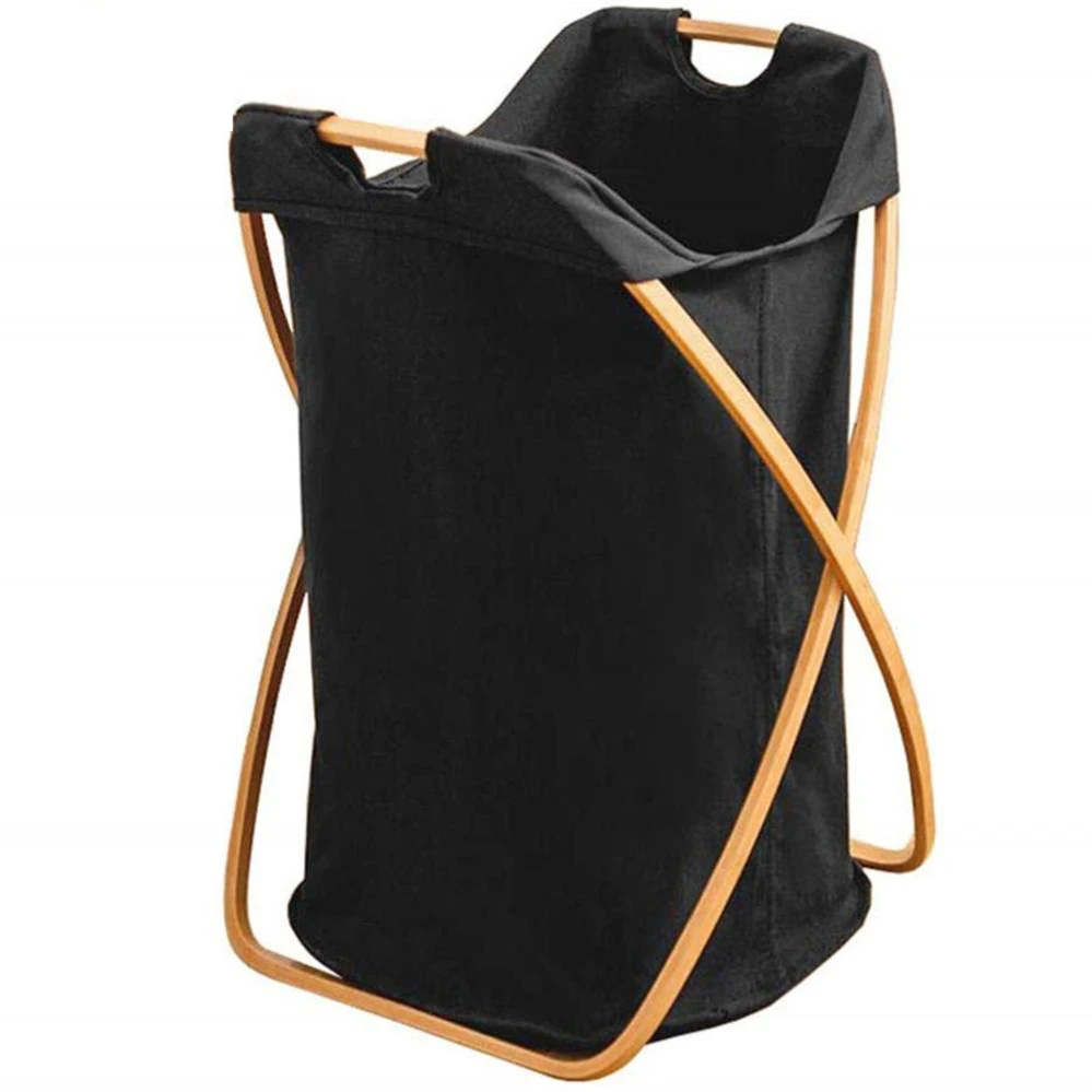 High Capacity Folding Laundry Bathroom Folding Hampers Bamboo Black ...