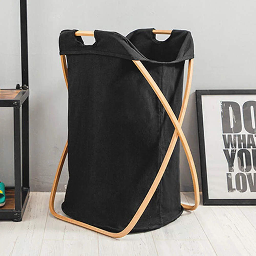 High Capacity Folding Laundry Bathroom Folding Hampers Bamboo Black ...